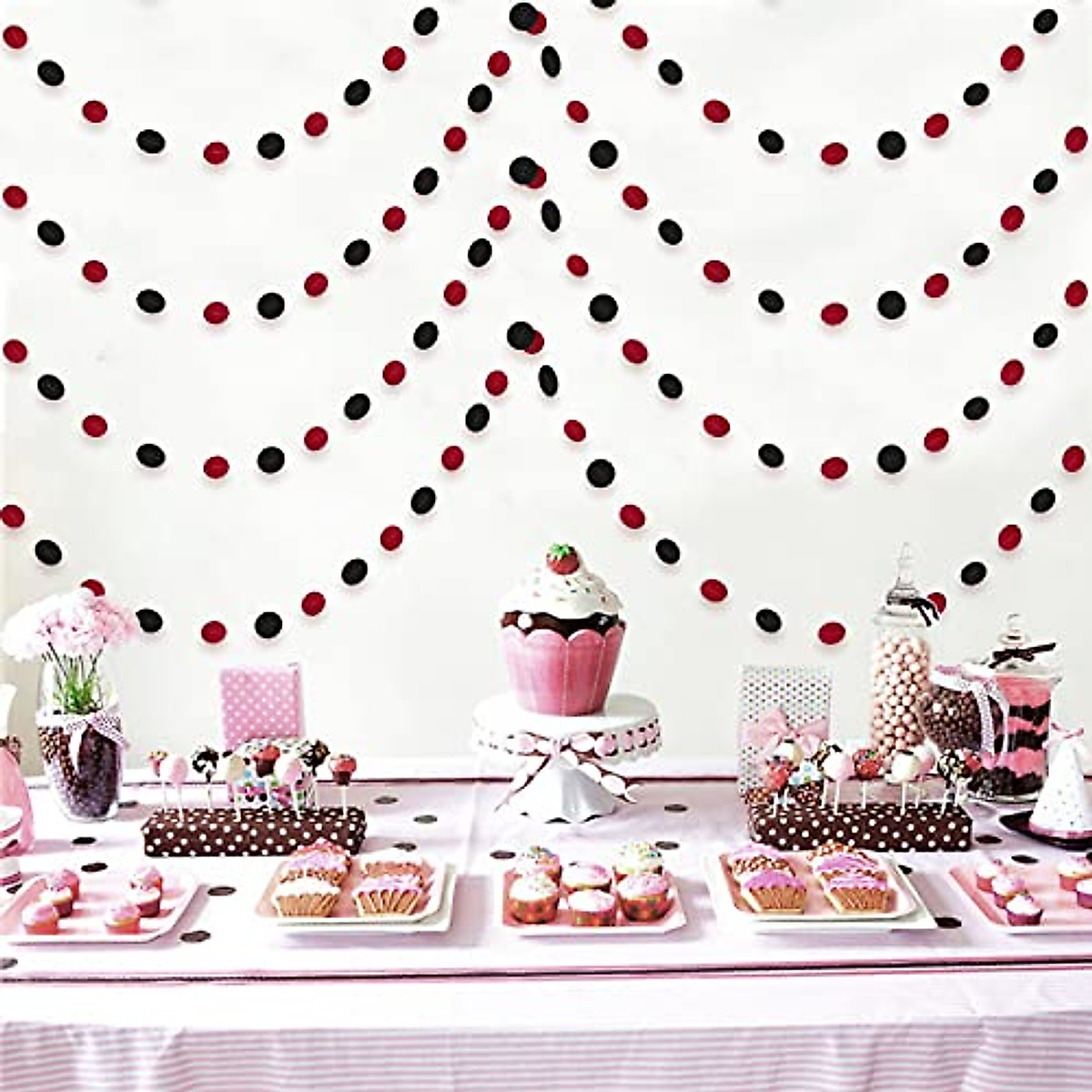 Red and Black Circle Garland, UNIIDECO Paper Dots Banner, Happy Birthday Baby Bridal Shower Bachelorette Party Streamer Backdrop Supplies, Classroom Cieling Bulletin Board Decor