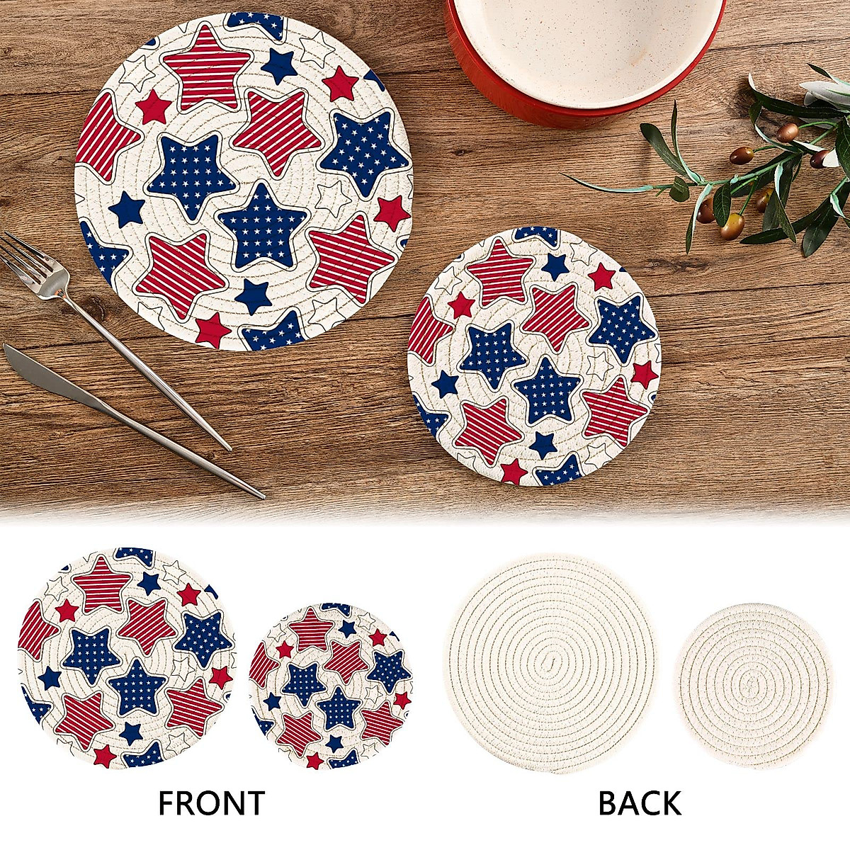 Potholders Set Trivets Set of 2, American Stars and Stripes Round Woven Pot Holder Set Coasters Hot Pads Hot Mats