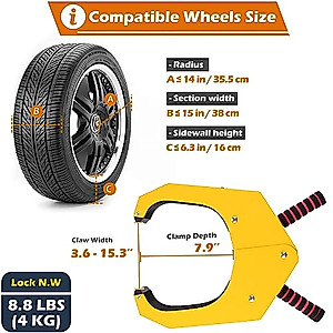 Tevlaphee Wheel Lock - Car Boot Anti-Theft Trailers Wheel Clamp Lock Parking Boot for Cars, Trucks, SUVs, Campers