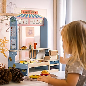 ROBOTIME Wooden Pretend Play Food Set for Kids, Hamburger Set Shop with Sandwich Counter Toys, Play Kitchen Food Toys for Toddlers Ages 3+