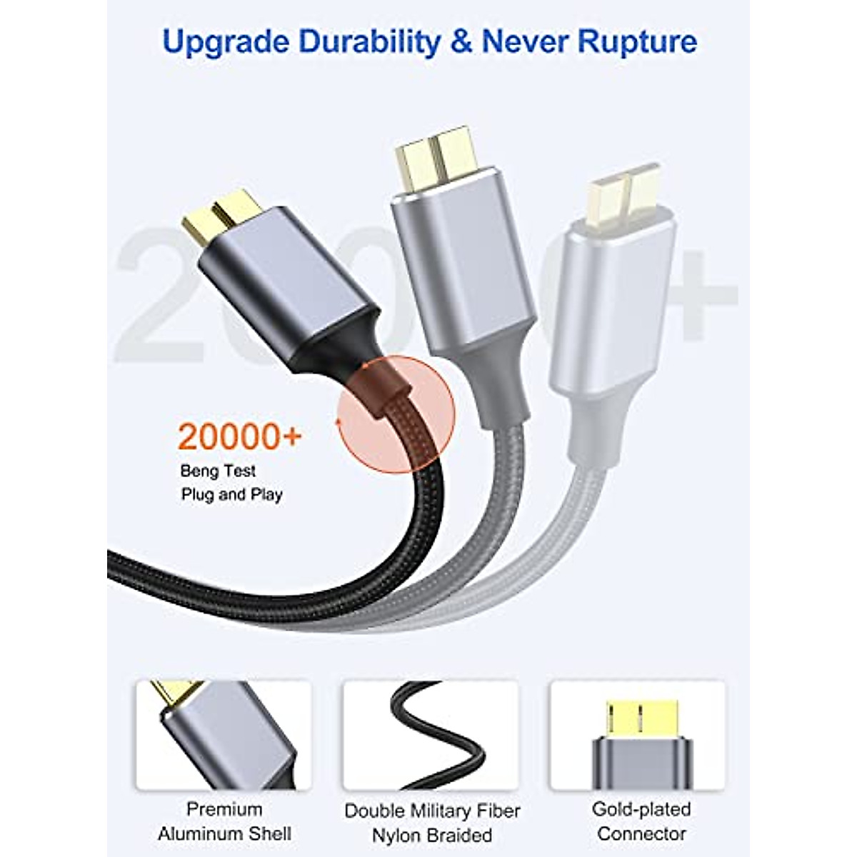 USB Micro B External Hard Drive Cable 1.5FT, Micro B USB 3.0 Cable USB A to Micro B Cord Compatible with Samsung Galaxy S5/Note 3, Seagate Hard Drive, Camera