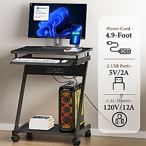 ZERDER Compact Home Office Desk for Small Space, Computer Gaming Desk with Keyboard Tray and Power Outlet, Study Workstation with Bottom Shelf, Black