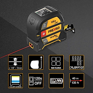 PREXISO 100Ft Rechargeable Dual Modules Laser Level & PREXISO 2-in-1 Digital 135Ft Rechargeable Laser Tape Measure - Pythagorean Mode, Area, Volume, Ft/Ft+in/in/M Unit Digital Distance Meter