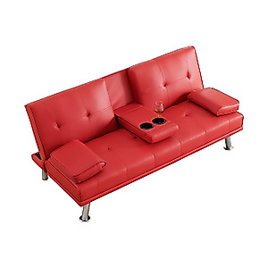 LIADTOP 67" Multifunctional Sofa 2 Cup Holders,Leather Loveseat Sleeper with Removable Armrests,Convertible Folding Couches Bed for Small Spaces,Red