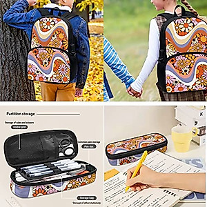 FUIBENG 4 Pcs Backpack for School,Abstract Hippie Groovy Flower Bookbag+Neoprene Insulated Water Bottle Holder With Adjust Strap Lunch Box +Pen Case Boys Girls Back to School Gift