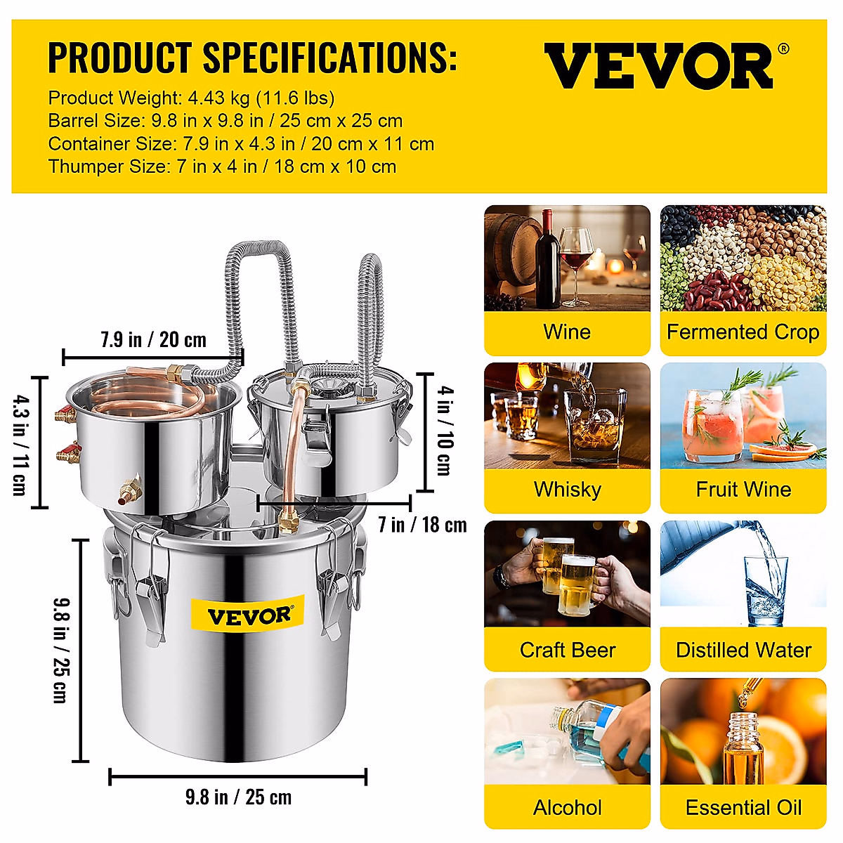 VEVOR Alcohol Still, 3 Gallon, Stainless Steel Alcohol Distiller with Copper Tube & Build-in Thermometer & Water Pump, Double Thumper Keg Home Brewing Kit, for DIY Whiskey Wine Brandy