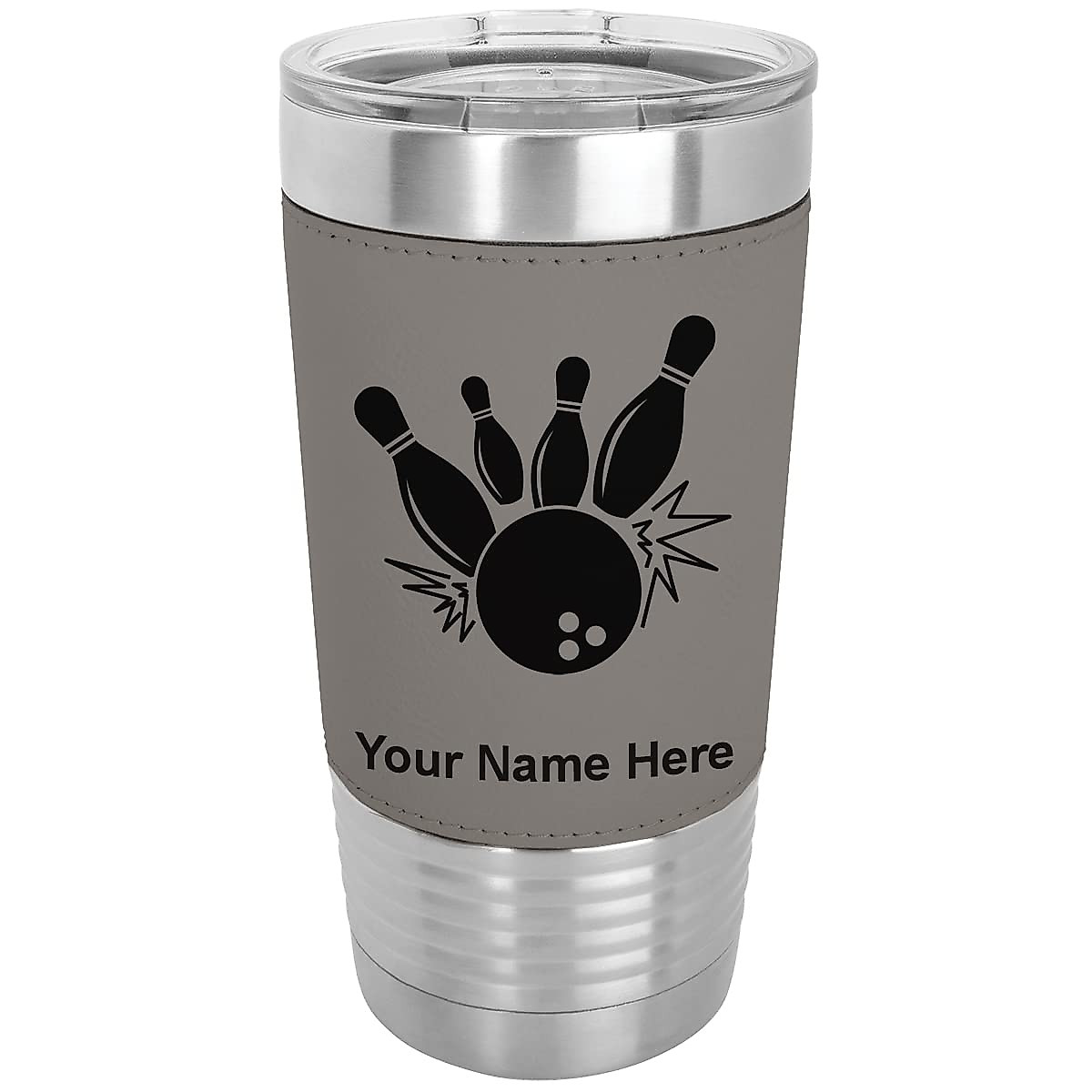 LaserGram 20oz Vacuum Insulated Tumbler Mug, Bowling Ball and Pins, Personalized Engraving Included (Faux Leather, Gray)