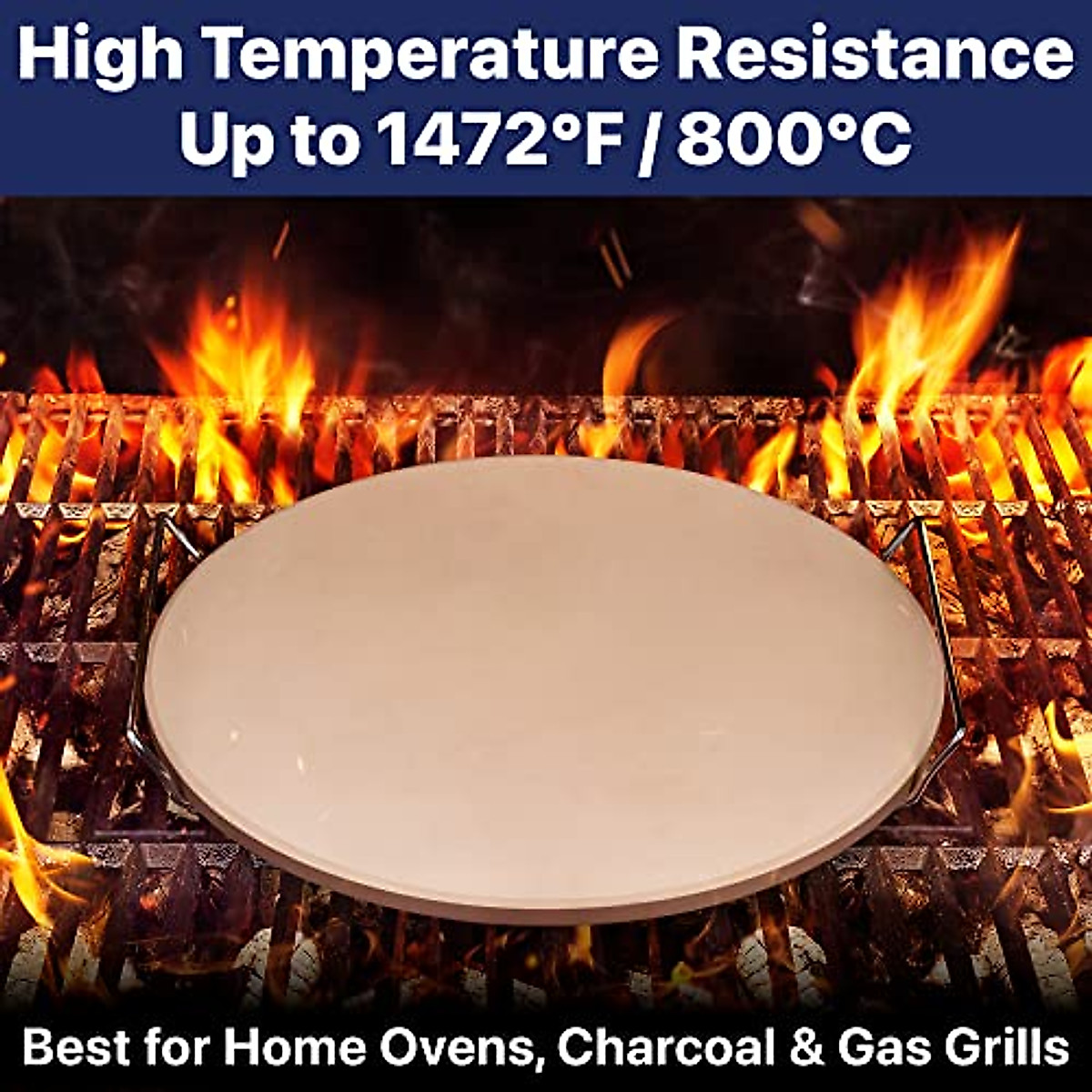 KitchenStar Pizza Stone 16 inch with Handles (Large) - Cordierite Baking Stone Set with Metal Rack & Plastic Scraper - High Temperature Resistant Ceramic Pizza Stones for Oven, Grill or Smoker