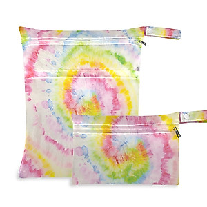 xigua 2 Pack Wet Dry Bags for Cloth Diaper Waterproof Swimsuits Bag with Handle Wristlet for Travel Beach Pouch, Rainbow Tie Dye
