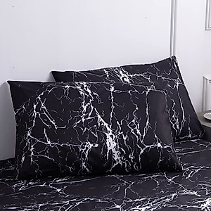 Megsv Waterproof Mattress Protector Cover Polyester Bed Cover Black Marble Pattern Fitted Sheet and Pillowcase (NO Pillow Inner) (Black, Twin)