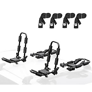 Leader Accessories Folding Kayak Rack 4 PCS/Set J Bar Car Roof Rack for Canoe Surf Board SUP On Roof Top Mount on SUV, Car and Truck Crossbar with 4 pcs Tie Down Straps