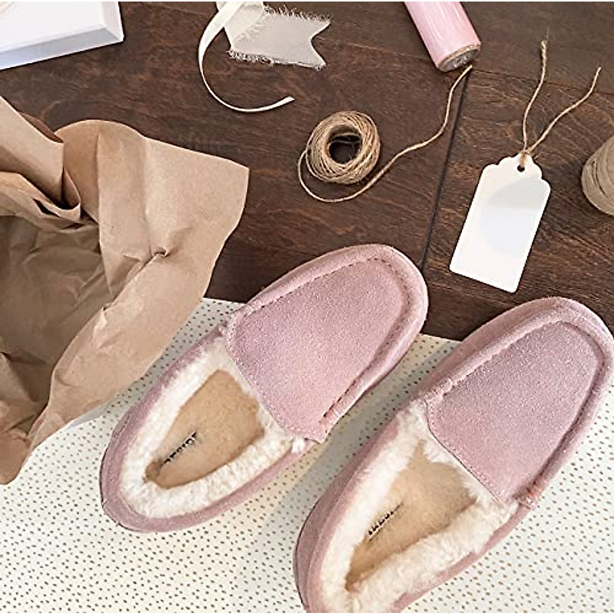 Dearfoams womens Fireside Mel Genuine Shearling Indoor/Outdoor Moccasin With Wide Widths Slipper, Dusty Pink, 9 US