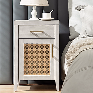 SICOTAS Tall Nightstands with Drawer, Modern Farmhouse Night Stand Wood Bedside Tables with Gold Mesh Door Adjustable Storage Shelf, Side End Table for Bedroom Living Room, Whitish-Gray Oak