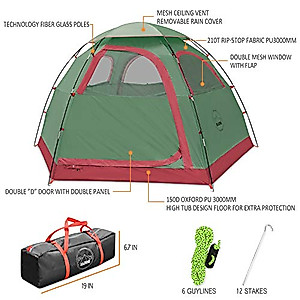 KAZOO Outdoor Camping Tent 2/4 Person Waterproof Camping Tents Easy Setup Two/Four Man Tent Sun Shade 2/3/4 People (4PGreen)