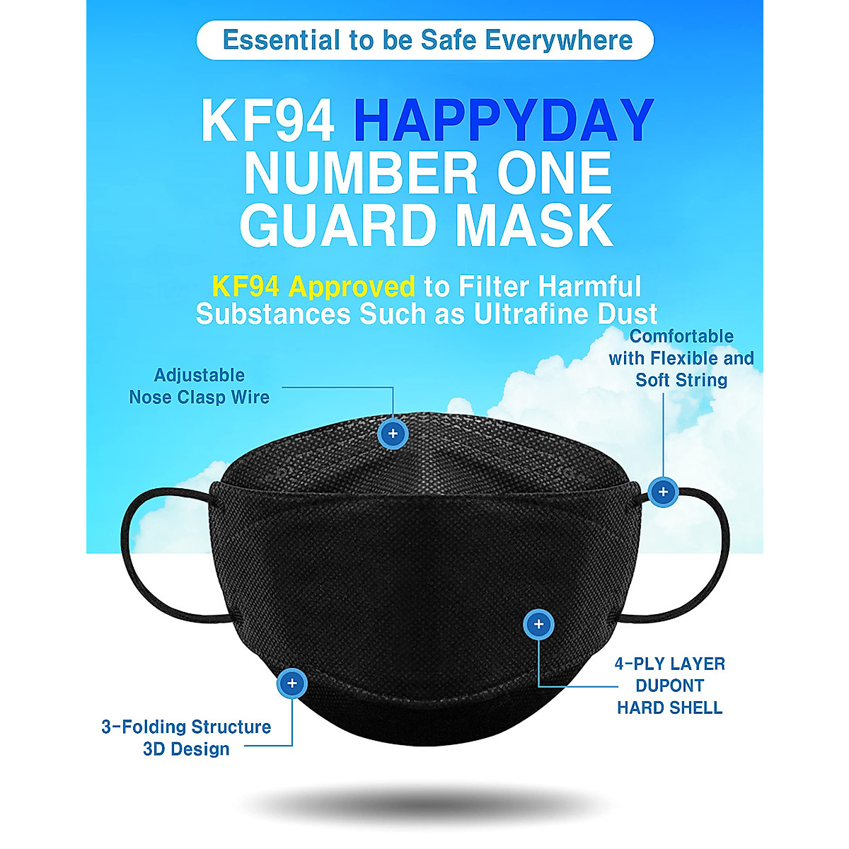 HAPPYDAY , 25 Packs, Made in KOREA Premium KF94 Micro Dust Protection Individually Packaged Black Face Mask Large