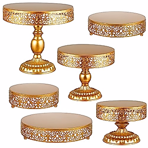 Tioncy Set of 6 Gold Cake Stand Round Metal Cake Stands Antique Gold Dessert Display Cupcake Pastry Candy Display Plate for Wedding Birthday Party Event Bridal Celebration Table(Hollow)