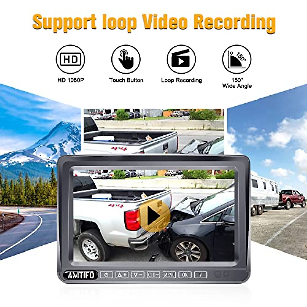 AMTIFO RV Backup Camera Wireless HD 1080P 8 Inch Touch Key Monitor Trailer Rear View System for Truck 5th Wheel Camper Reverse Cam DVR Split Screen 4 Channels Compatible with Furrion Pre-Wired RVs A5