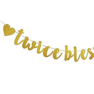 Twice Blessed Banner, Gold Glitter Twins Baby Shower Party Sign Decoration Supplies