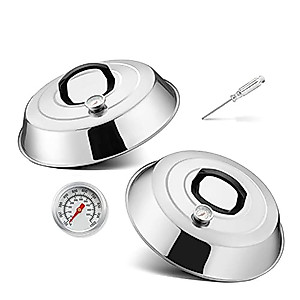 Joyfair 12 Inch Melting Dome with Built-in Thermometer, 2Pcs Stainless Steel Basting Cover Griddle Accessories for Outdoor Camping BBQ Grilling/Indoor Kitchen Cooking Steaming, Extra Thick Steel