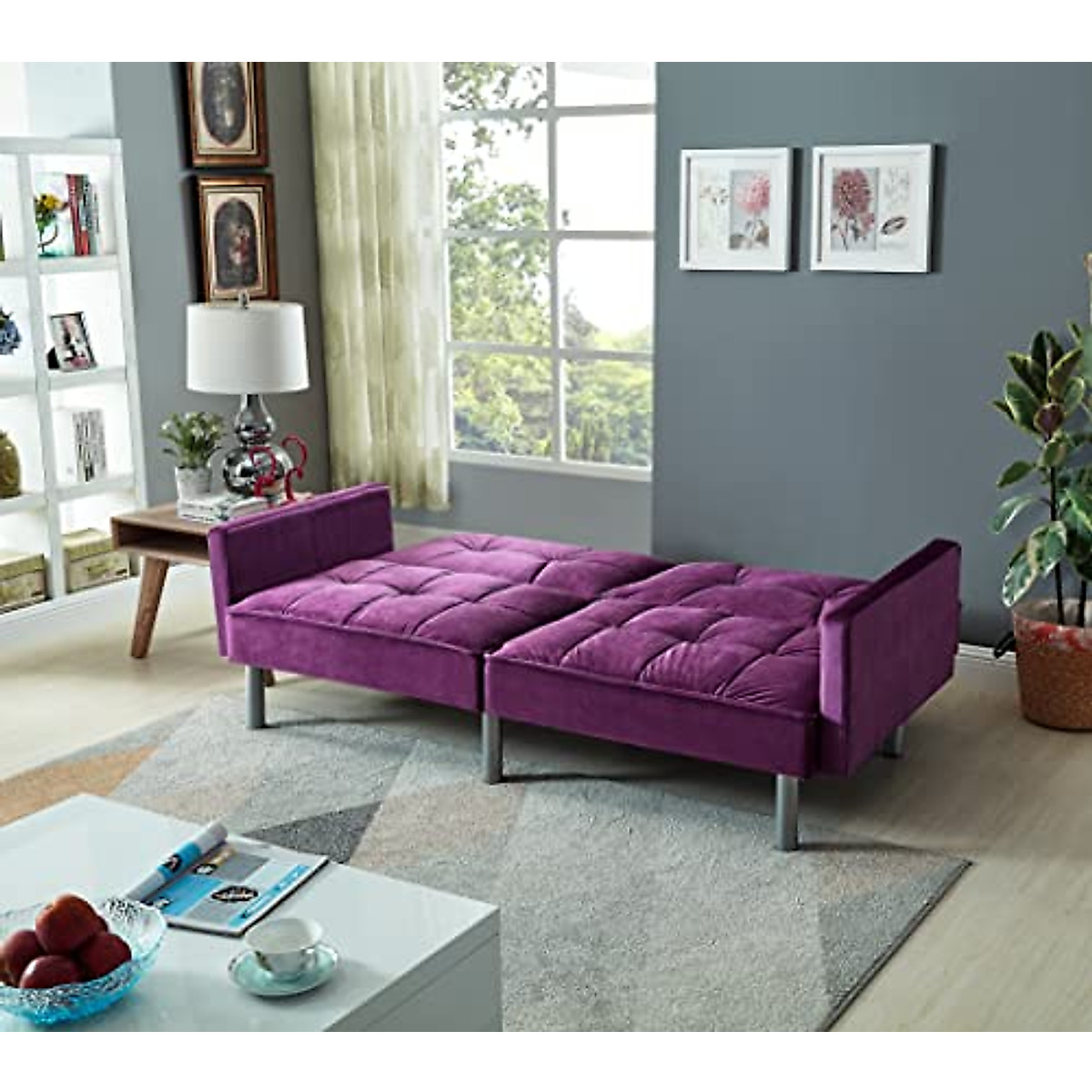 Legend Vansen Velvet Sleeper Loveseat with Pillow Twin Size Contemporary Sofas for Living Room and Bedroom Sofabed, 75.5'', Purple