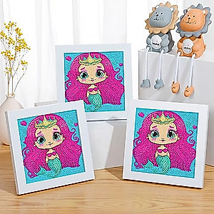 cviokrdu 5D Diamond Painting Kits for Kids with 7.1"X7.1"Wooden Frame,Disney Cartoon Mermaid Diamond Art for Kids Ages 6-12 by Number Kits DIY Painting Arts and Crafts,Diamond Dots for Kids Gift