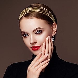 ANCIRS 2 Pack Multi Layered Elastic Headband for Women, Adjustable Rhinestone Bridal Headpieces, Stretchy Jewelry Hair Bands Accessories for Girls- Gold & Silver