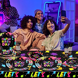 Gudvilla Neon Birthday Party Decorations,169pcs Neon Plates Birthday Plates and Napkins for Glow in The Dark Party Supplies 80s Graffiti Glow Birthday Party Decorations Serves 24