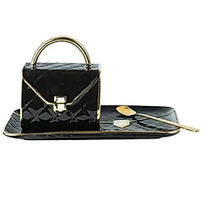 LmlJoo Creative and Adorable Handbag-Shaped Mug with Saucer Cup and Golden Spoon for Enjoying Tea, Juice, Milk, Hot Chocolate or Cappuccino (Black)