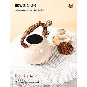 Tea Kettle, 2.7 Quart BELANKO Teapot for Stovetops Wood Pattern Handle with Loud Whistle Food Grade Stainless Steel Tea Pot Water Kettle - Cream White