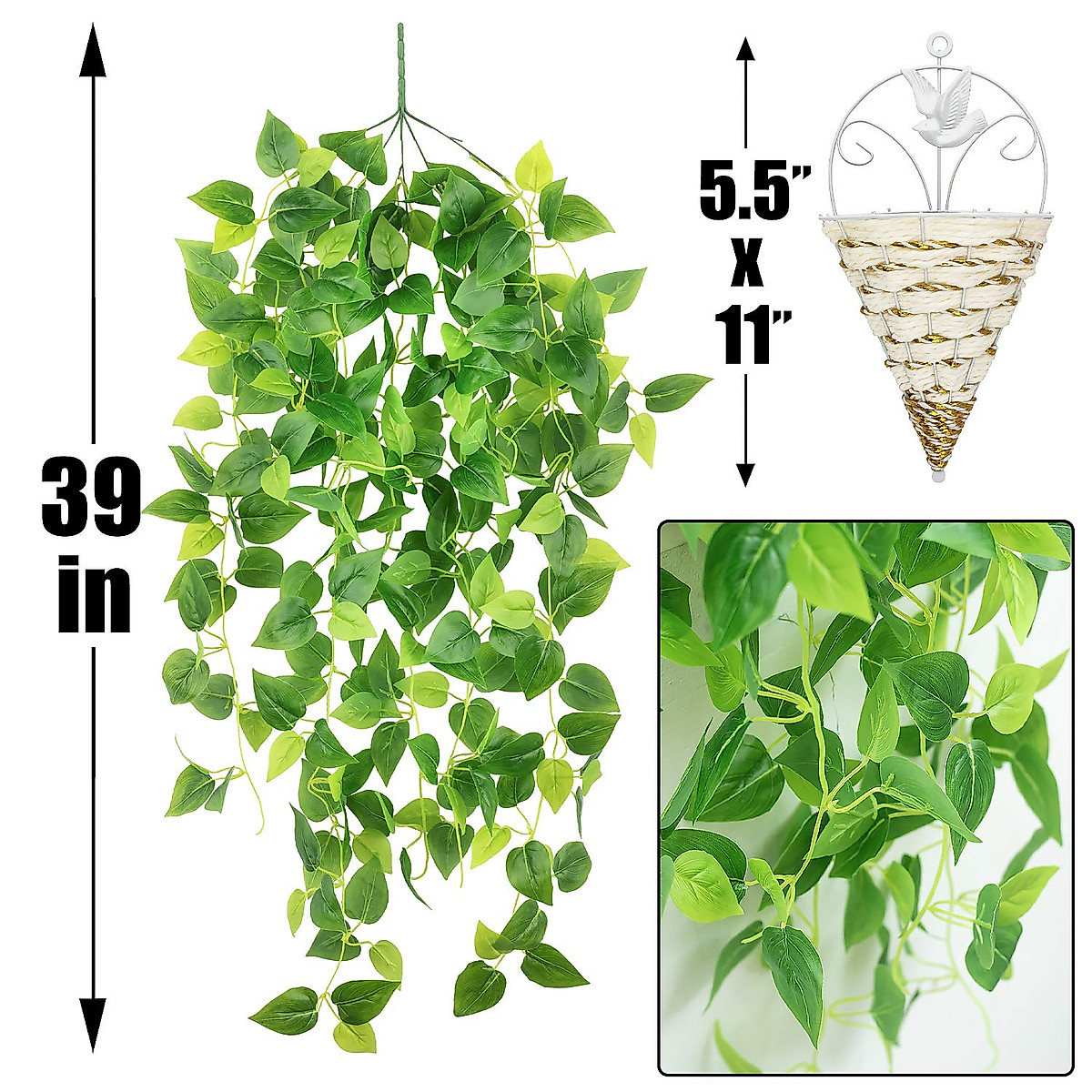 COOWAS 2pcs Artificial Hanging Plants 3.2 Feet Fake Ivy Vine Leaves Greenery for Wedding Party Outdoor Garden Office Home Kitchen Bedroom Wall Decor (Basket Includes)