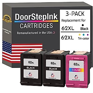 DoorStepInk Remanufactured in The USA Ink Cartridge Replacements for HP 62XL 62 XL 2 Black C2P05 1 Color C2P07 for HP Envy 5540 5541 5542 5646 7640 800 OfficeJet 200 250 5740 8045 5745