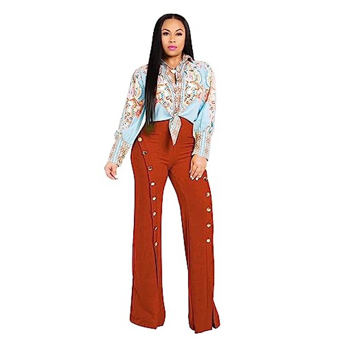 TOPSRANI Women High Waisted Dress Pants Work Trousers Slacks Bottoms Casual Pull On Long Stretch Solid Office Business Tall Button Down Orange L