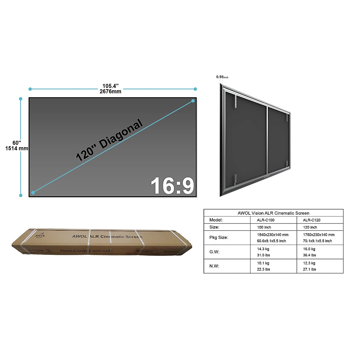 AWOL VISION Ambient Light Rejecting (ALR) Projector Screen for Ultra Short Throw(UST) Projector, 120" Fixed Frame, 80% Picture Quality Improved, 95% Celling Light Rejecting(CLR), Active 3D - C120