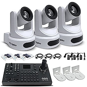 3 x PTZOptics 30X-NDI Broadcast and Conference Camera (White) (PT30X-NDI-WH) + SuperJoy IP and Serial Controller + 3 x Universal Wall Mount Bracket (White) - Triple Camera, Mount And Controller Bundle