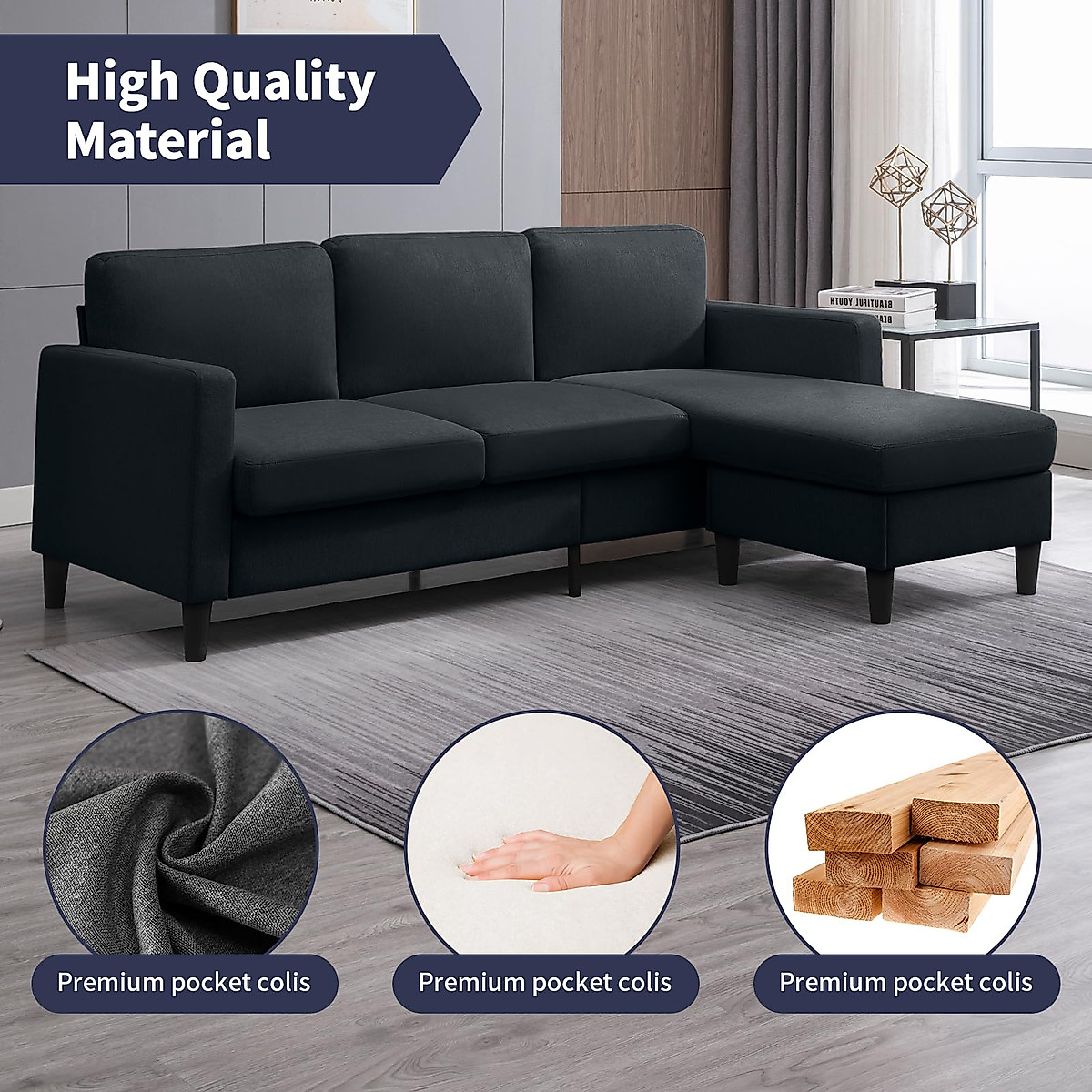 Zafly Convertible Sectional Sofa Couch with Movable Storage Ottoman Chaise, Living Room 3 Seat L-Shaped Sofá, Modern Linen Fabric Home Sofa -Dark Gray