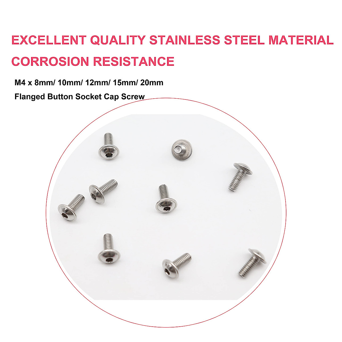 cSeao 100pcs Flanged Button Head Socket Cap M4 Screws Kit, M4x8mm/ 10mm/ 12mm/ 15mm/ 20mm, 304 Stainless Steel 18-8, Allen Socket Drive, Bright Finish, Fully Machine Threaded