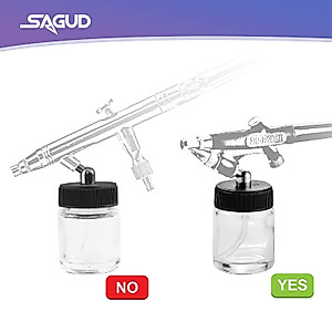SAGUD 10pcs Glass Airbrush Bottles Kit 18cc (2/3 Ounce) Airbrush jar with 10pcs Adapter Cap Covers Set and 60° Down Angle Adaptor Lid,Fits Single Action Siphon Feed Airbrushes