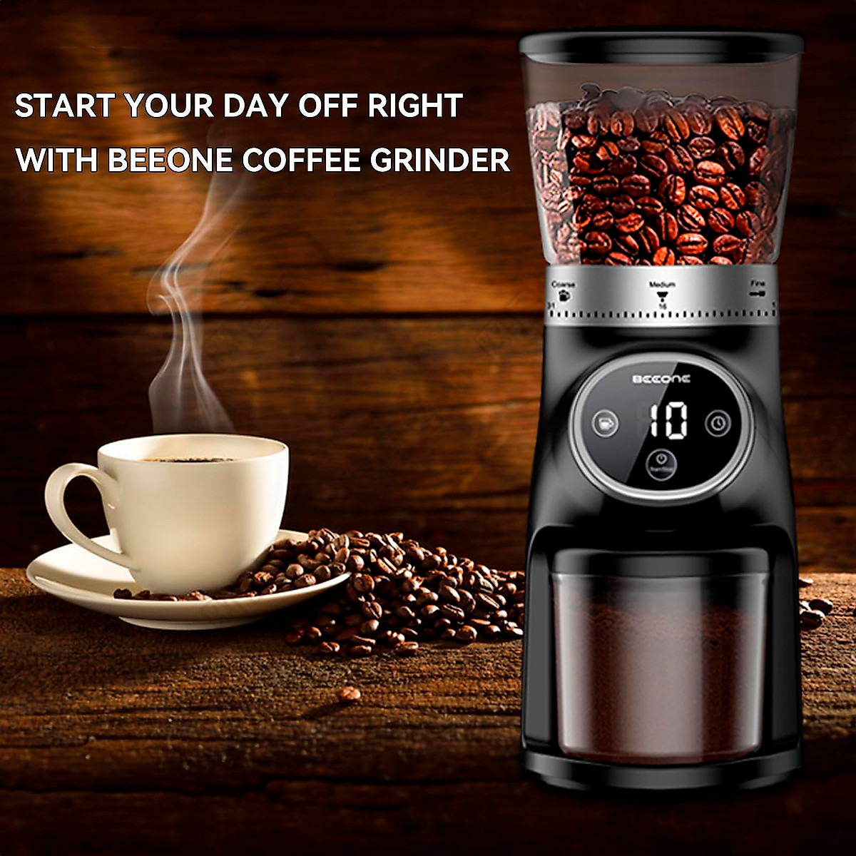 Electric Burr Coffee Grinder with Digital Control, BEEONE Espresso Grinder with 31 Precise Settings for 1-10 Cups, Coffee Grinder Electric with Time Display, Black
