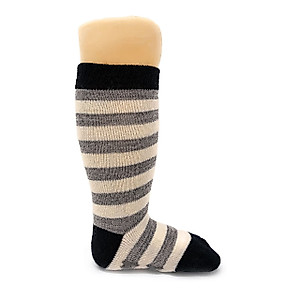 WARRIOR ALPACA SOCKS - Children's Baby Alpaca Wool Toddler Socks, Fun Stripes with Non-Skid Alpaca Appliqués 1 PAIR (12-24 Months, Grey Stripe/Black)
