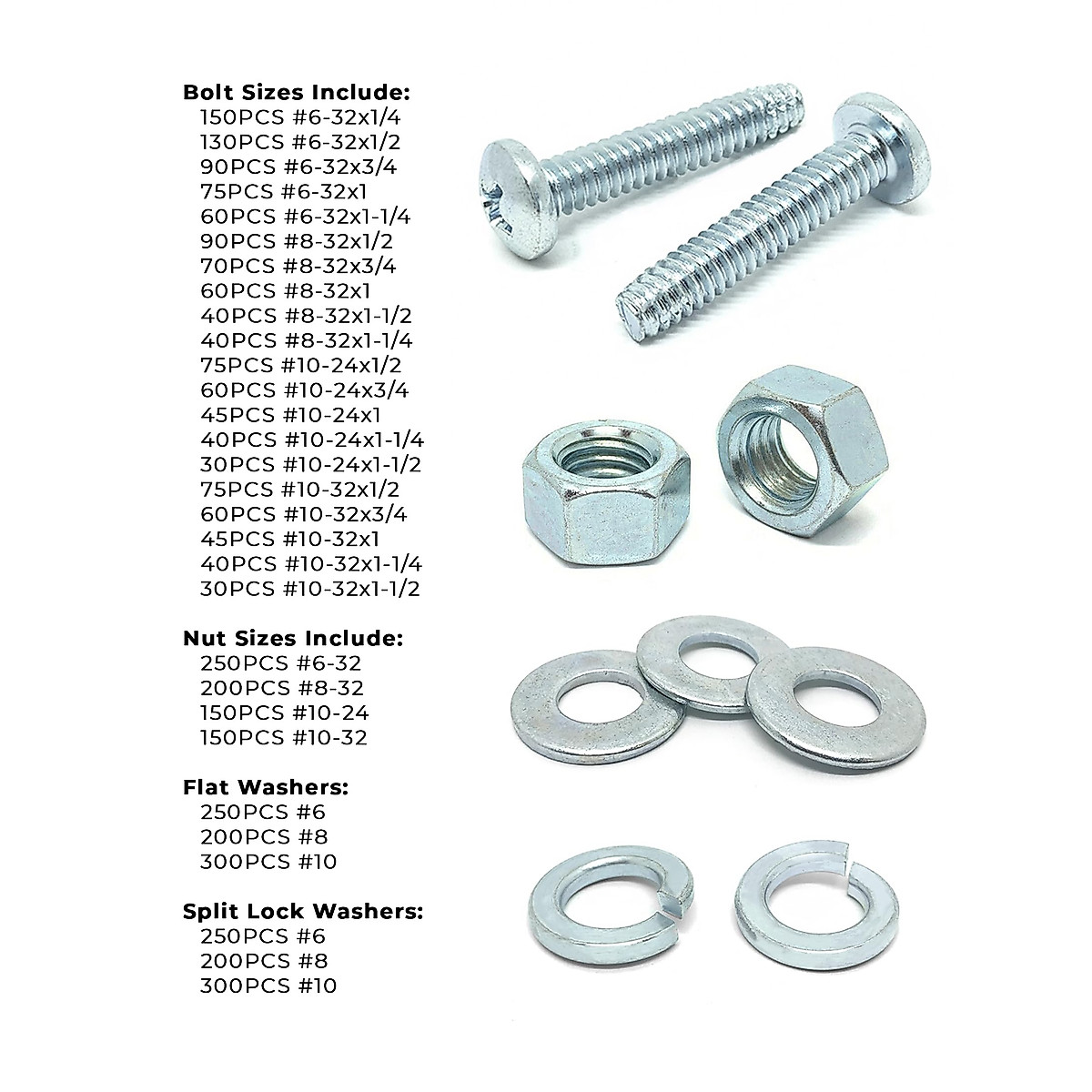 #6#8#10 Phillips Pan Head Machine Screws Bolts Flat & Split Washers & Hex Nuts Assortment Set