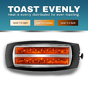 Elite Gourmet ECT4829B# Long Slot 4 Slice Toaster, Reheat 6 Toast Settings, Defrost, Cancel Functions, Built-in Warming Rack, Extra Wide Slots for Bagels Waffles, Black