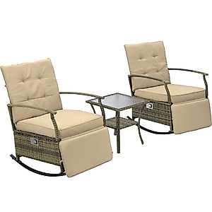 CATMIX Outdoor Rocking Chairs, Adjustable Rattan Recliner Chairs PE Wicker Patio Furniture Set Outdoor Recliner Chairs Furniture Set with Soft Thick Cushion, Removable Glass Tabletop, Beige…
