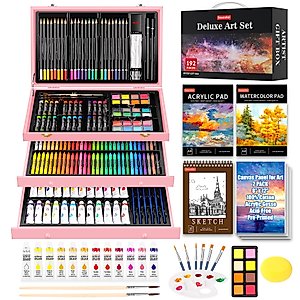 Soucolor Art Kits Art Sets Gifts for Women Teens Girls Kids, Aesthetic Cute Preppy Stuff School Supplies, 192-Pack Deluxe Drawing Supplies, Acrylic Pad, Watercolor and Sketch Book, Canvases