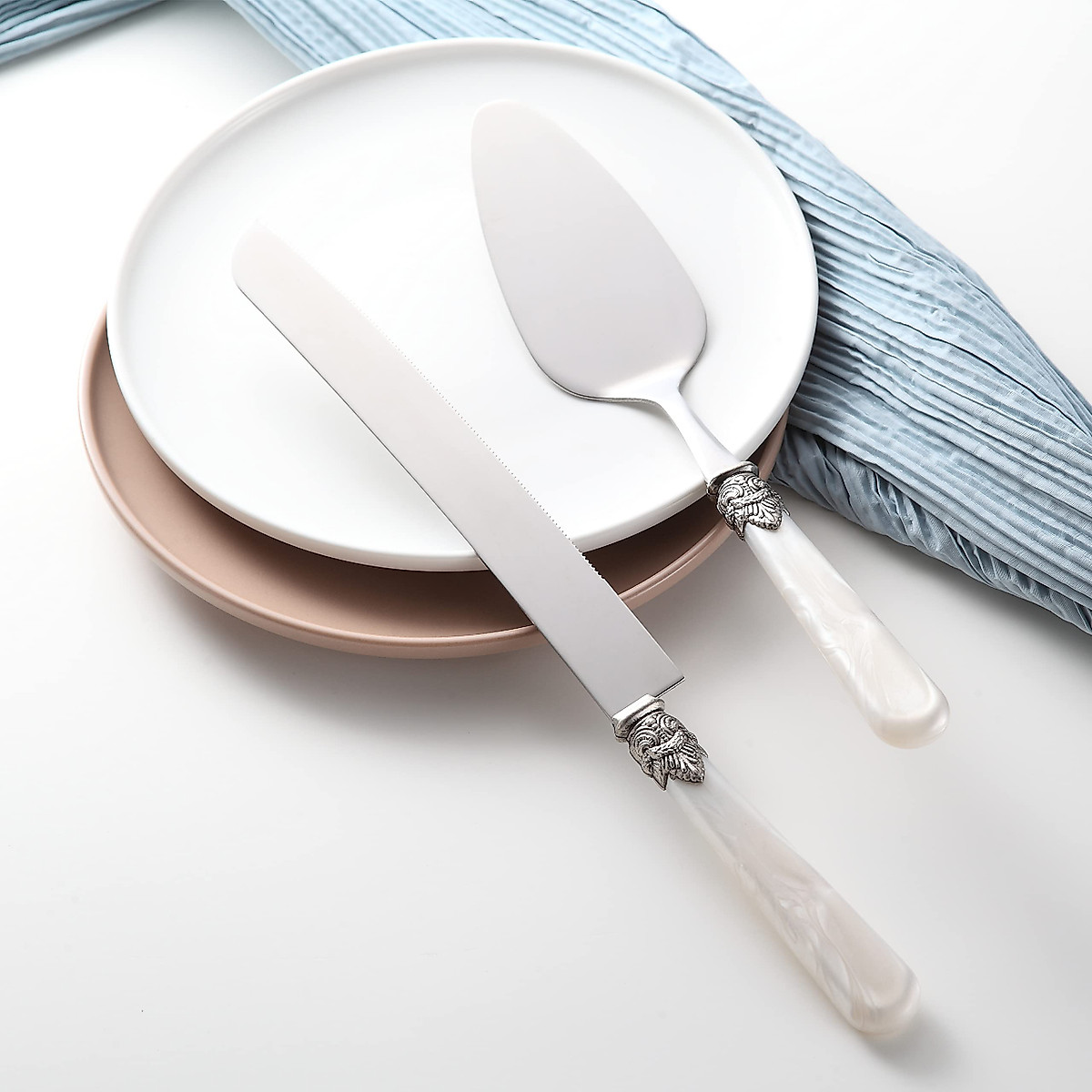 CATHYLIN Wedding Cake Knife and Serve Set, Fancy Hand Craft Italian Style Design, White Pearl Pie Knife Server Set, Vintage Silverware,Cake Cutter Set, Cake Knife Gift Set, 2 pcs