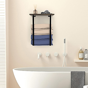 Towel Racks Wall Mounted for Bathroom Decor,Bathroom Rolled Towel Holder with Wooden Shelf,Metal Towels Organizer with 2 Black Adhesive Hooks,Simplicity Bathroom Storage