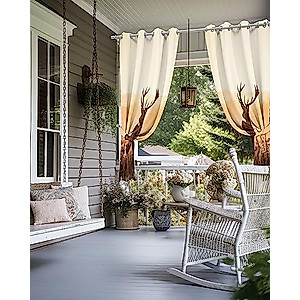 HERBED Outdoor Curtains for Patio 1 Panel Deer in The Grassland Under The Sunrise Waterproof Privacy Outside Curtain Sun Blocking Grommet Blackout Drapes for Porch Gazebo Pergolas Balcony 52x108 Inch