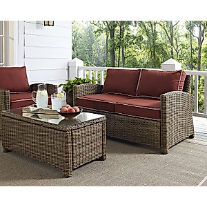 Crosley Furniture Bradenton Wicker Outdoor Loveseat, 2-Person Patio Couch for Porch, Deck, Backyard, Brown with Sangria Cushions