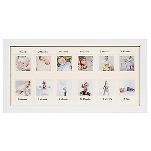 WOOD SIDE ORBIS First Year Newborn Baby Collage Keepsake Picture Frame for Photo Memories with Double Beige Mat and Twelve 2.5x2.5 Slots - White