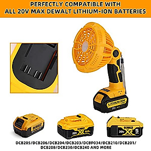 Battery Fan for Dewalt 20v Max Battery,Portable Jobsite Fan with 3 Energy Efficient Speed Settings and 300LM Led Work Light，Battery Operated Fan for Bedroom Home Camping Tent Office (Tool Only)