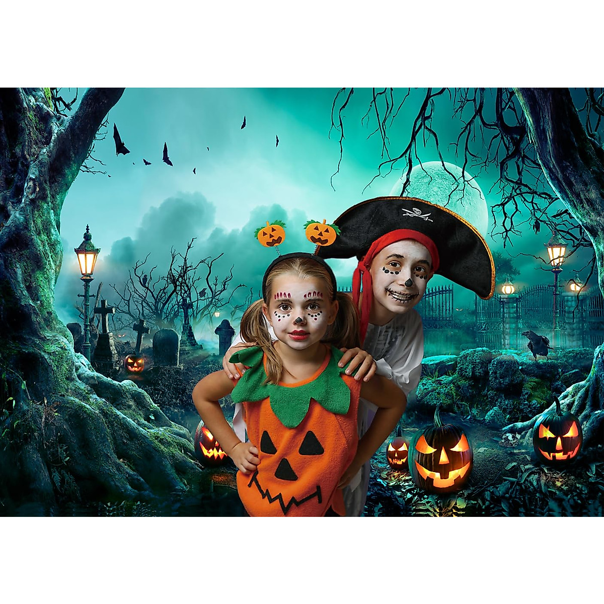 Dudaacvt 7X5FT Halloween Backdrop Horror Moon Night Scary Cemetery Pumpkin Lantern Backdrop for Halloween Kids Adult Family Party Birthday Banner Decor Halloween Photo Backdrop D612